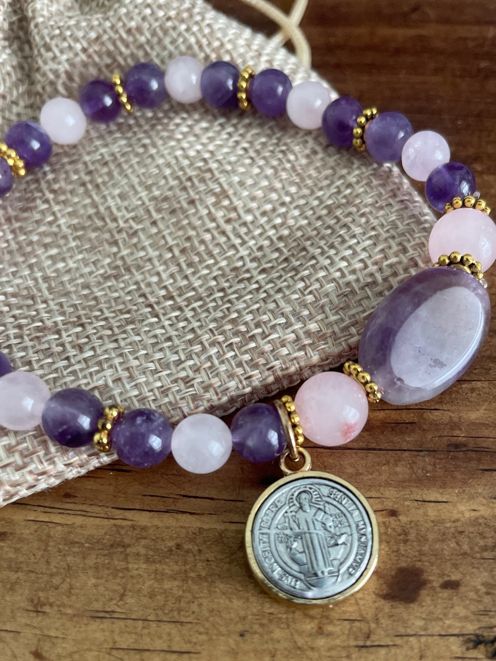 San Benito Medalla Rose Quartz and Amathys Natural Gemstone Bracelet ...