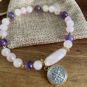 San Benito Medalla Rose Quartz and Amathys Natural Gemstone Bracelet ...