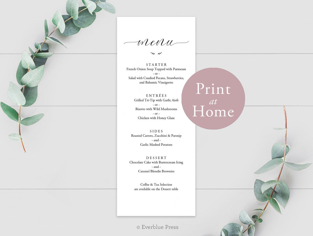 Printable Wedding Menu Template PDF, 3.75x9.5" Instant Digital Download ...