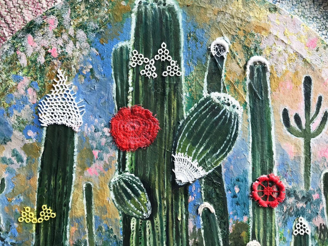 Cactus Garden Painting Textile Art Oil Painting Landscape | Etsy