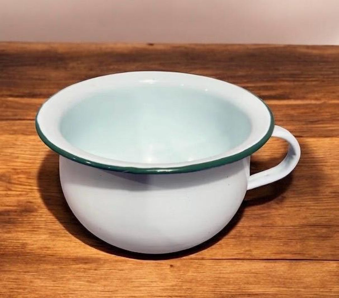 Vintage White Enamelware Chamber Pot With Handle / White With Green ...