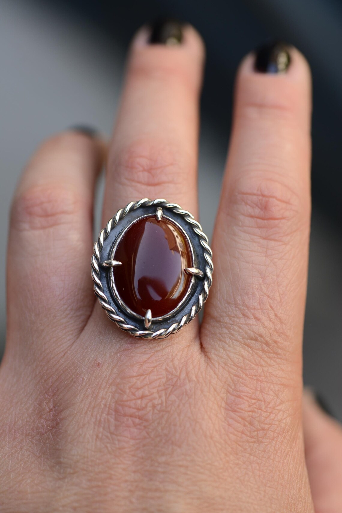 Long Statement Ring With a Big Red Carnelian Stone Inspired by Medieval ...