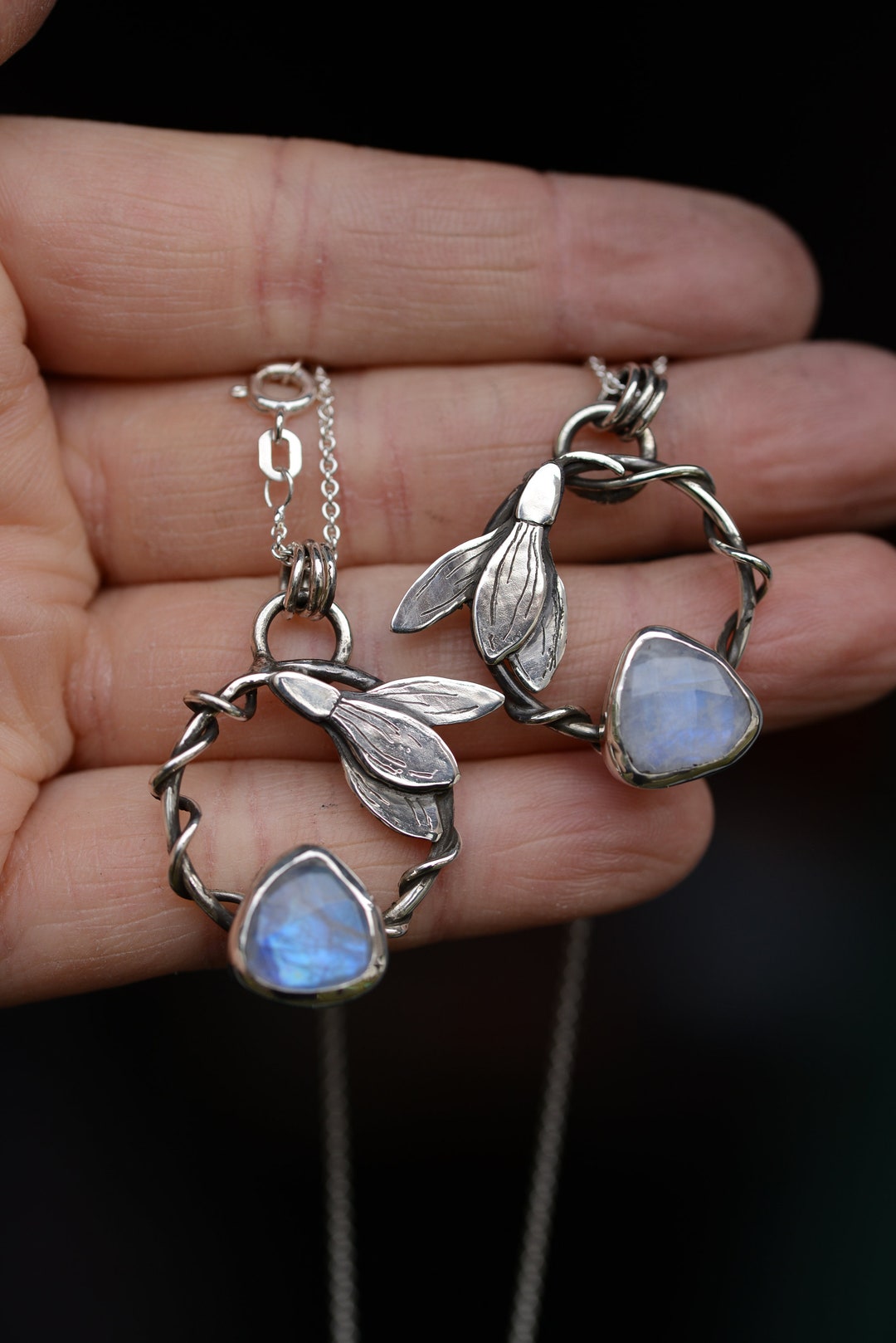 Snowdrop Necklace With Rainbow Moostone Handcrafted With Sterling ...