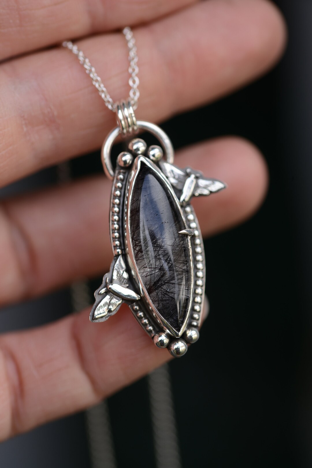 Moth Necklace With a Tourmalinated Quartz Handcrafted With Sterling ...
