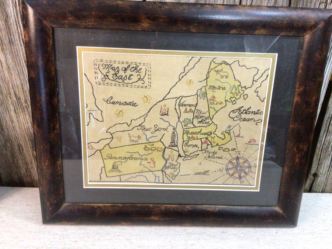 Vintage Embroidered Linen Map Sampler Map of the East - Etsy