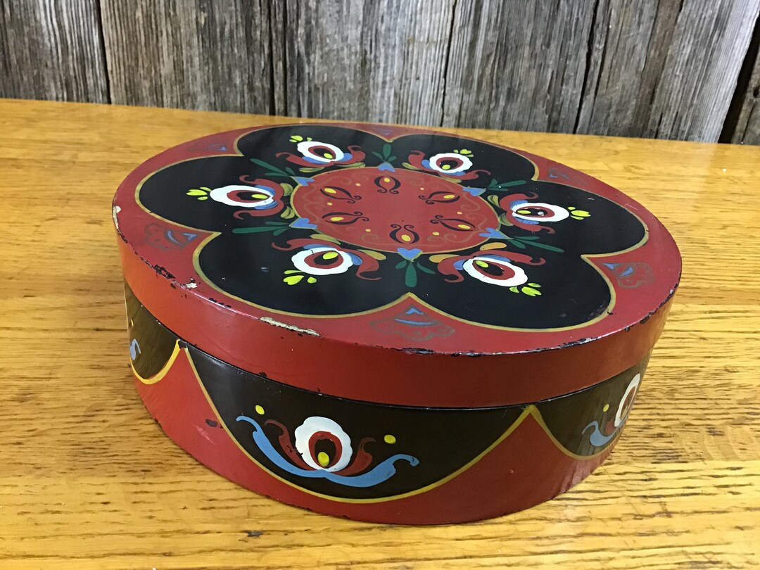 Vintage Japan Round Box Lacquer and Painted Folk Style - Etsy