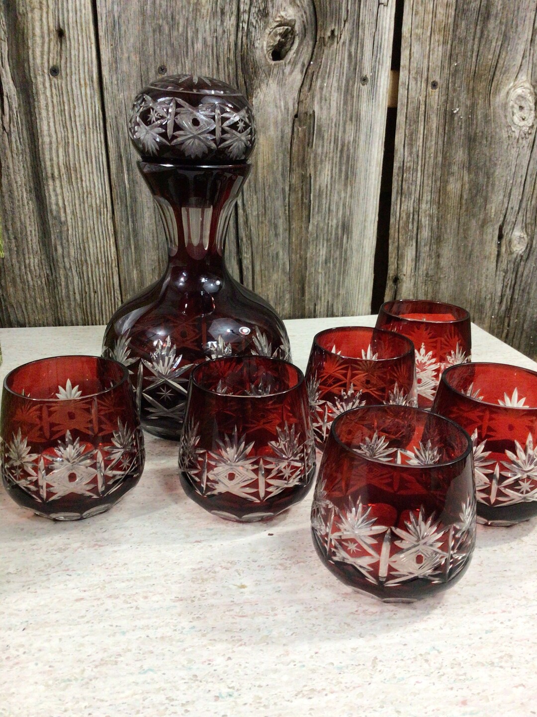 Vintage Red Cut Glass Decanter Set Japanese Made - Etsy