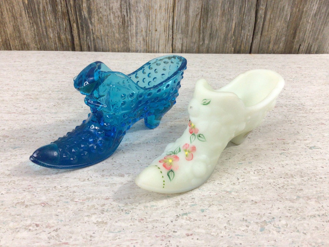 2 Vintage Fenton Shoes Blue Hobnail Custard Glass - Etsy