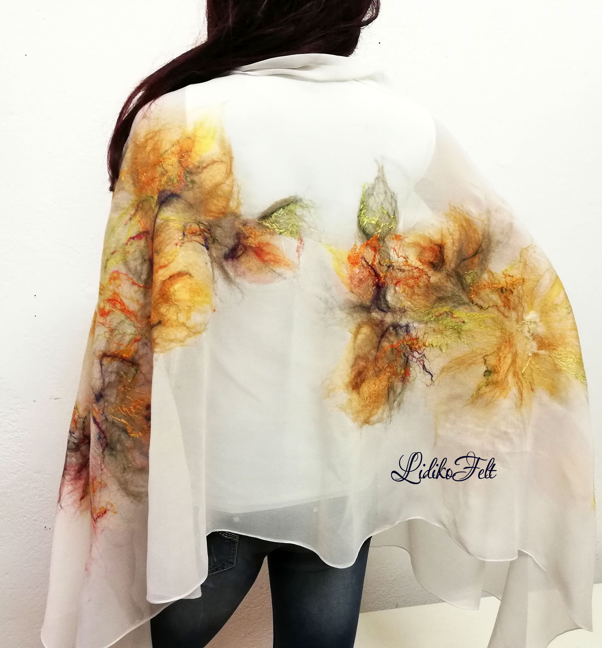Silk Merino Nunofelted Scarf Wrap Shawl WHITE,GOLD, ASHROSE, Bridal ...