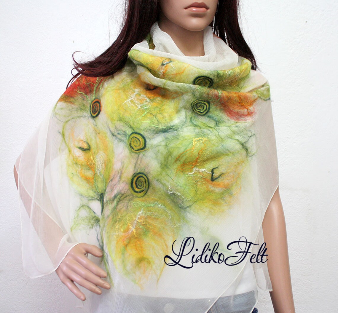 Women Nuno Felted Silk Scarf Shawl Wrap GREEN YELLOW ORANGE - Etsy