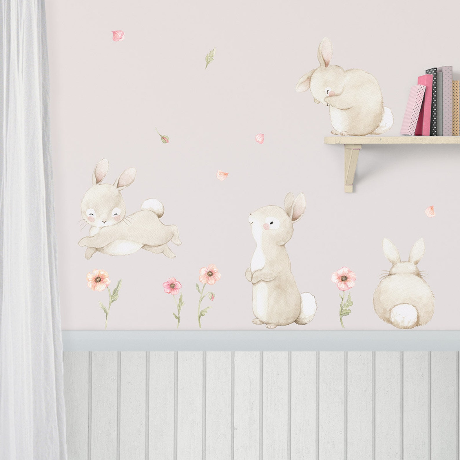 Fabric Wall Decal BUNNIES With PINK POPPIES Nursery Wall | Etsy