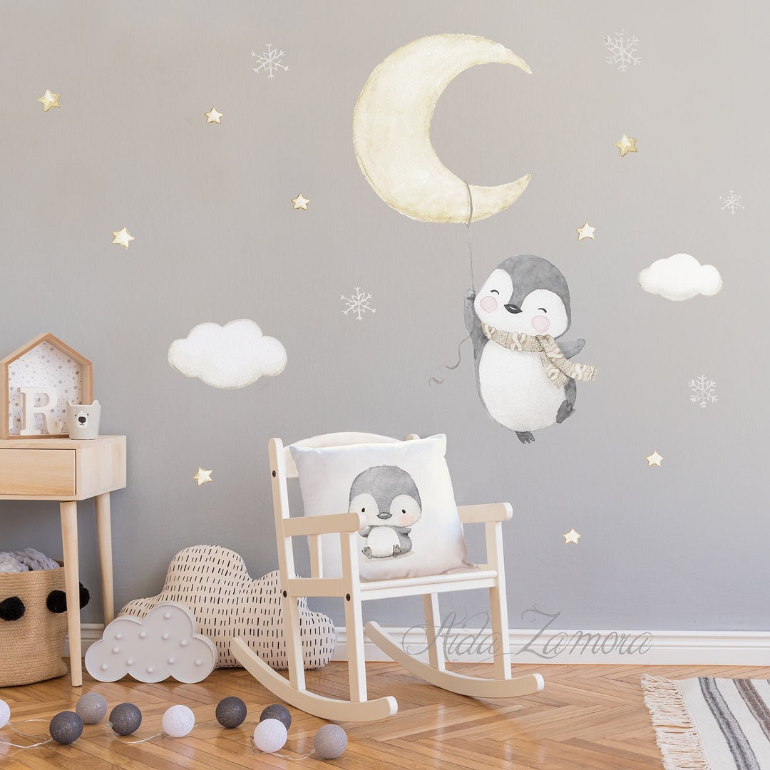 Reusable Fabric Wall Decal, PENGUIN and MOON, Penguin Wall Decal, Moon ...