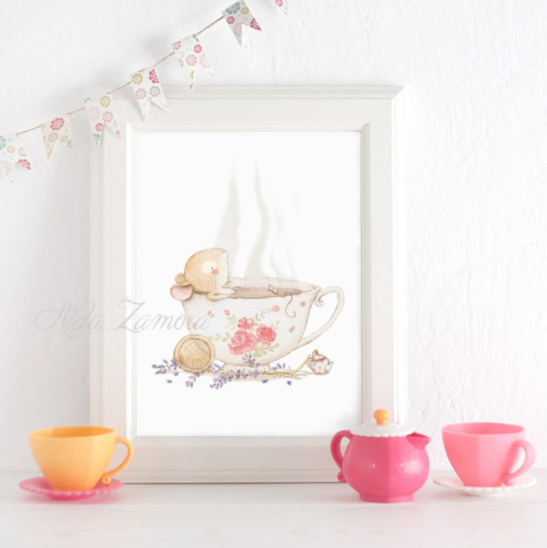 Nursery Print "mouse in a TEA CUP " Archival Print, Nursery Art, Mouse ...