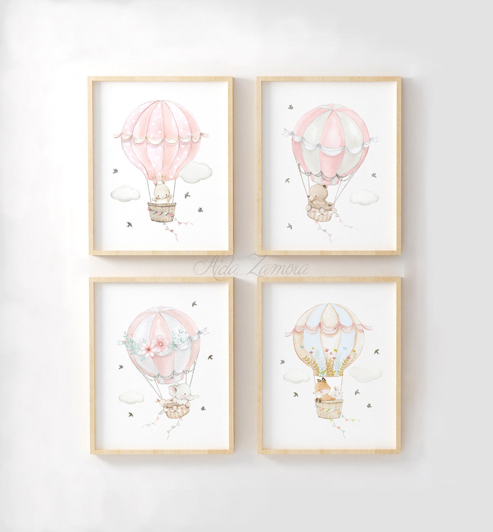Set of Four Nursery Art pink HOT AIR Balloons - Etsy