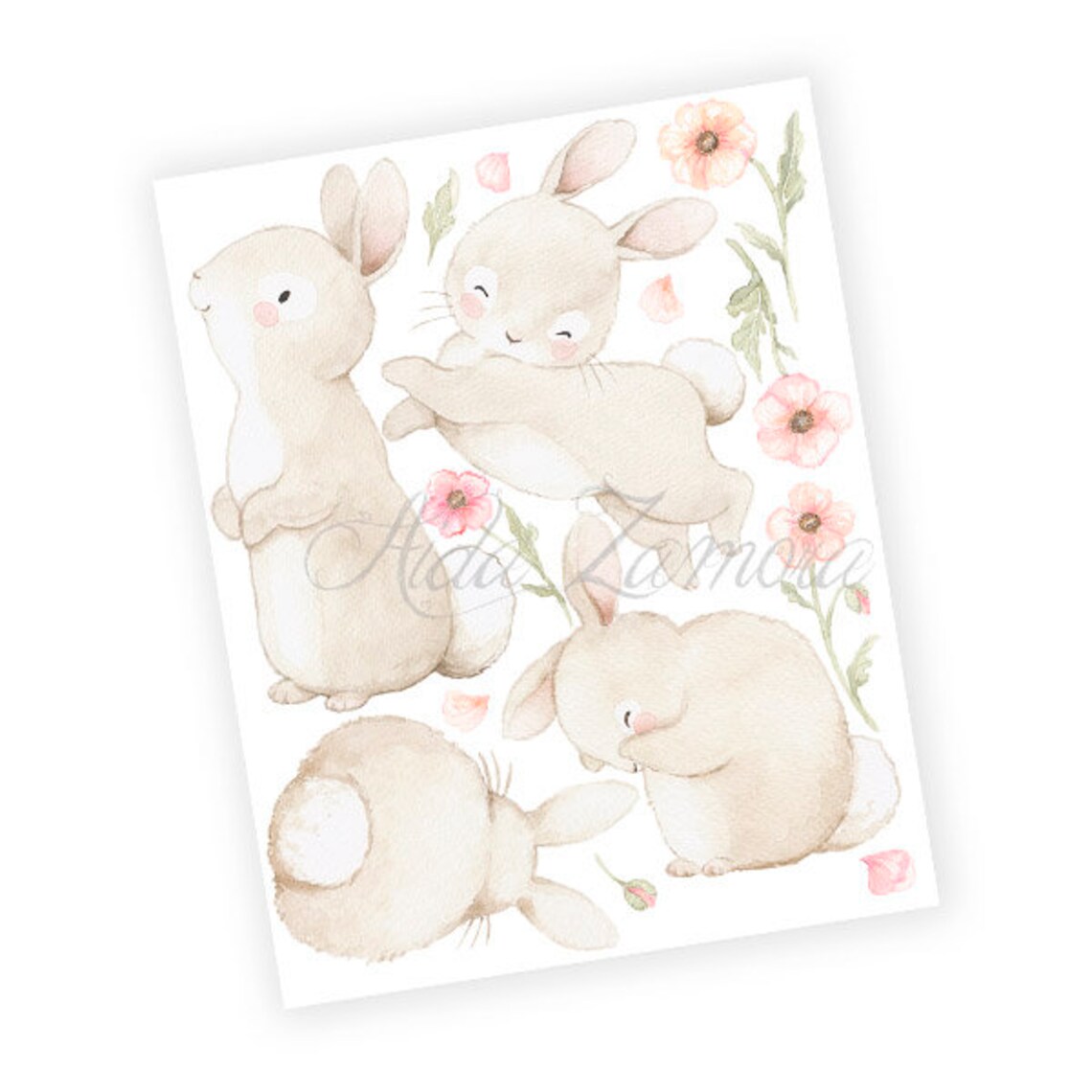 Fabric Wall Decal BUNNIES With PINK POPPIES Nursery Wall | Etsy