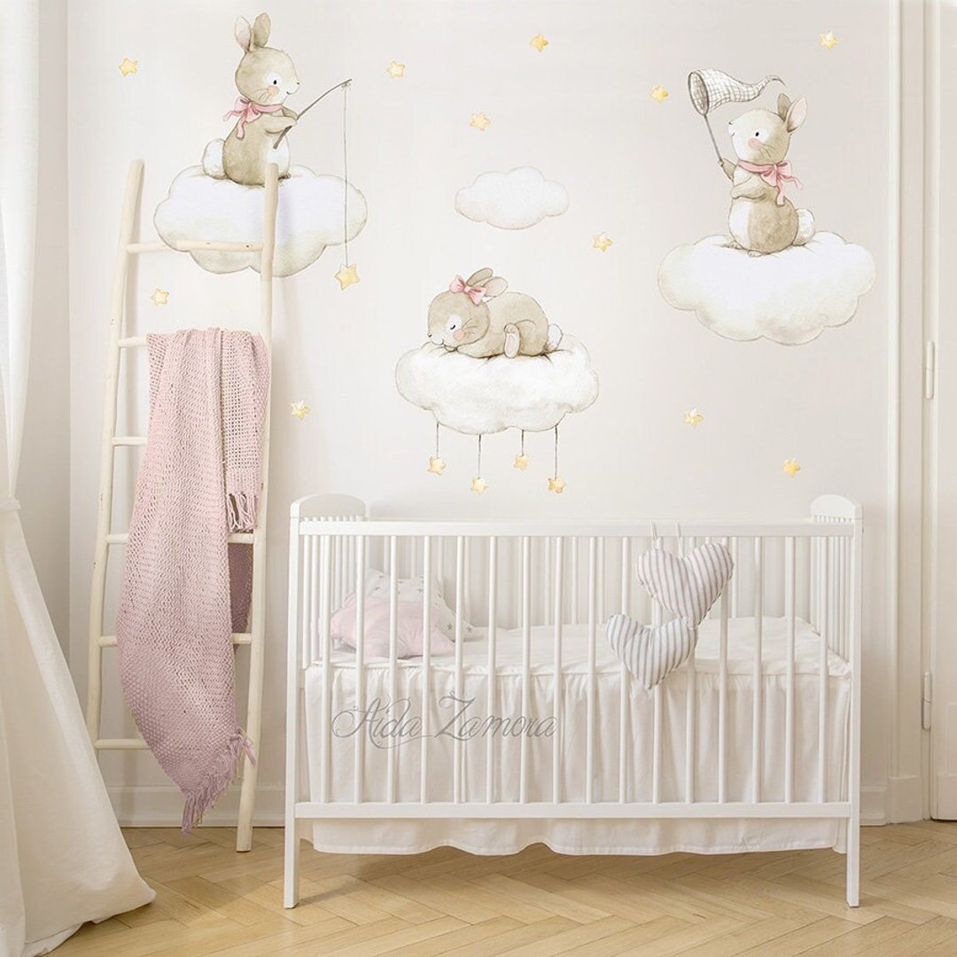 PREMIUM Fabric Wall Decal, BUNNIES Fishing STARS, Nursery Wall Decal ...