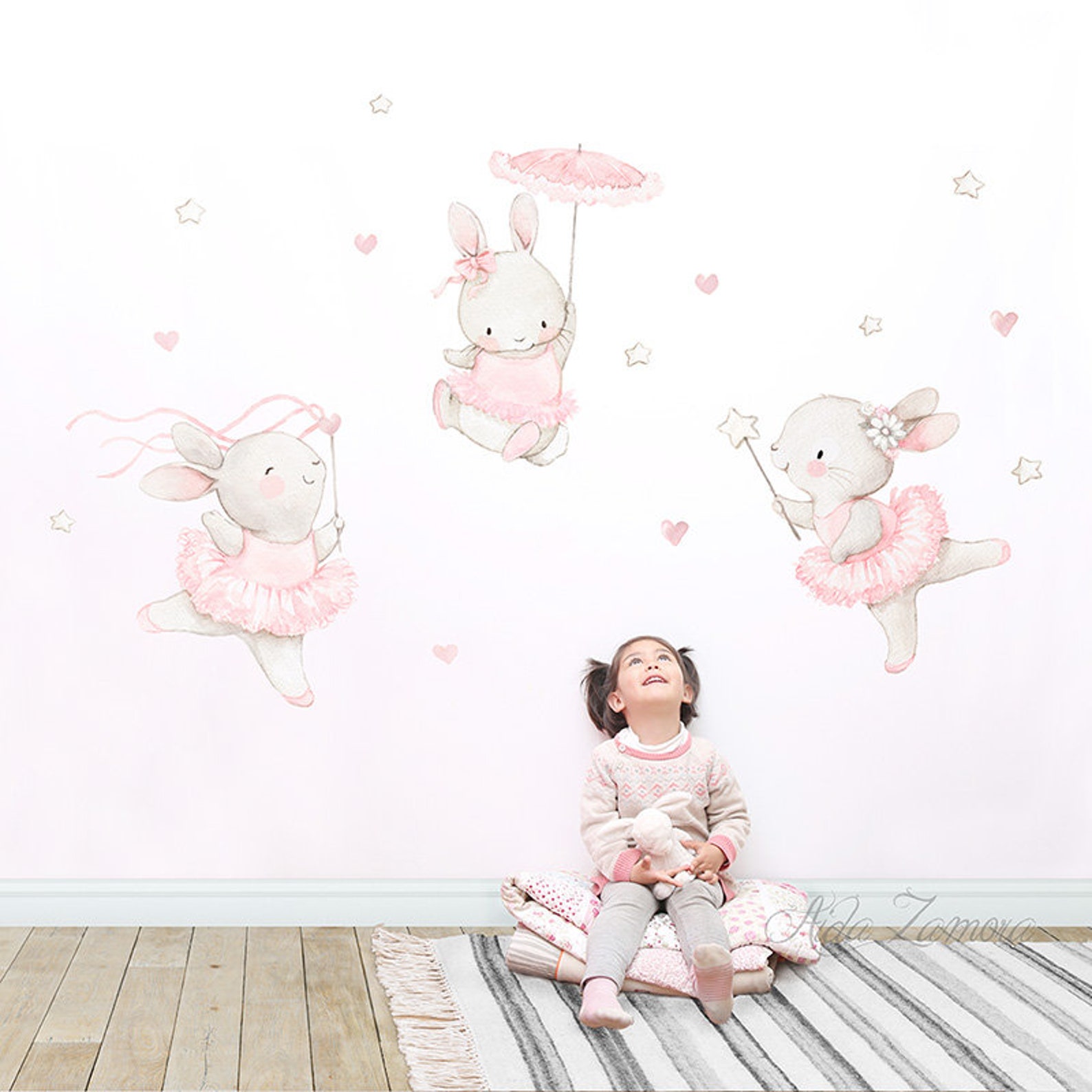 高品質の布製子供用ビニール、DANCING BUNNIES、Aida Zamora によるウォールステッカー - Etsy 日本