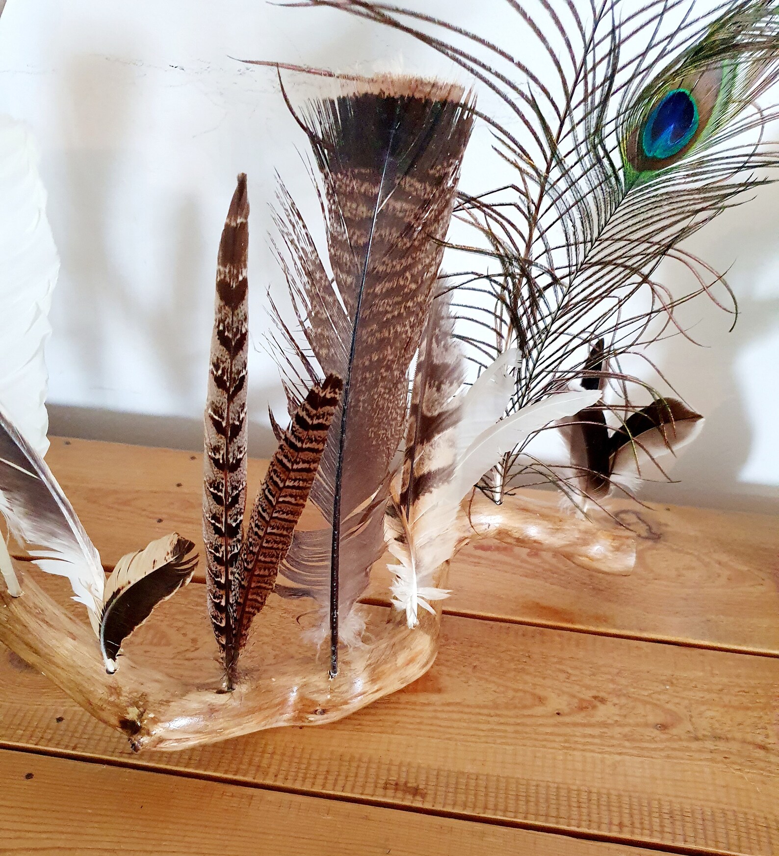 Boho Centerpiece Feather Display Natural Wood Stand Holder | Etsy