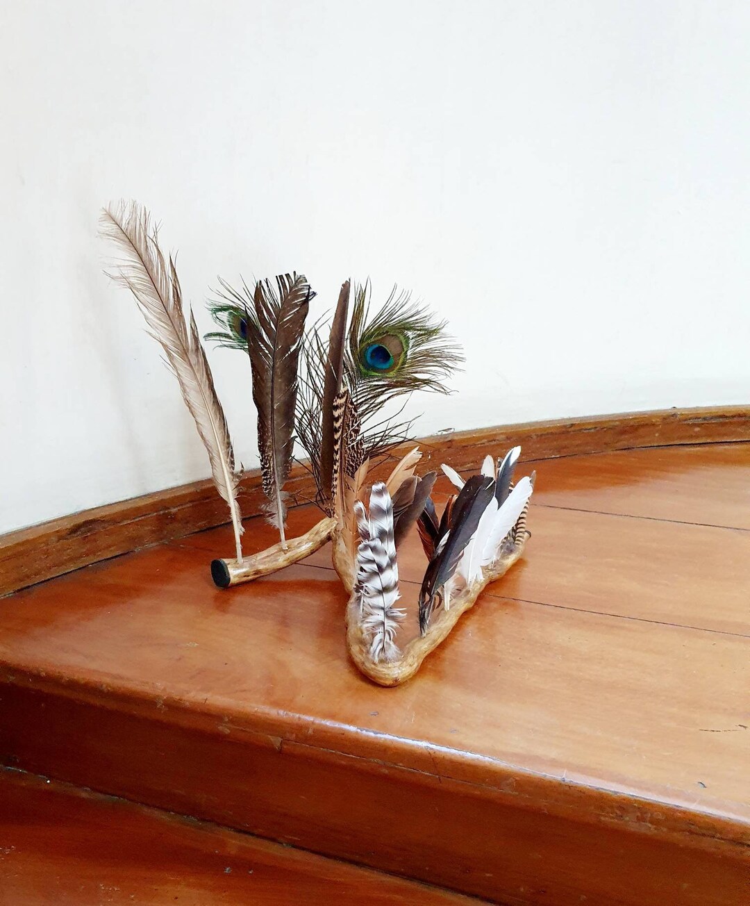 Boho Centerpiece Feather Display Natural Wood Stand Holder - Etsy