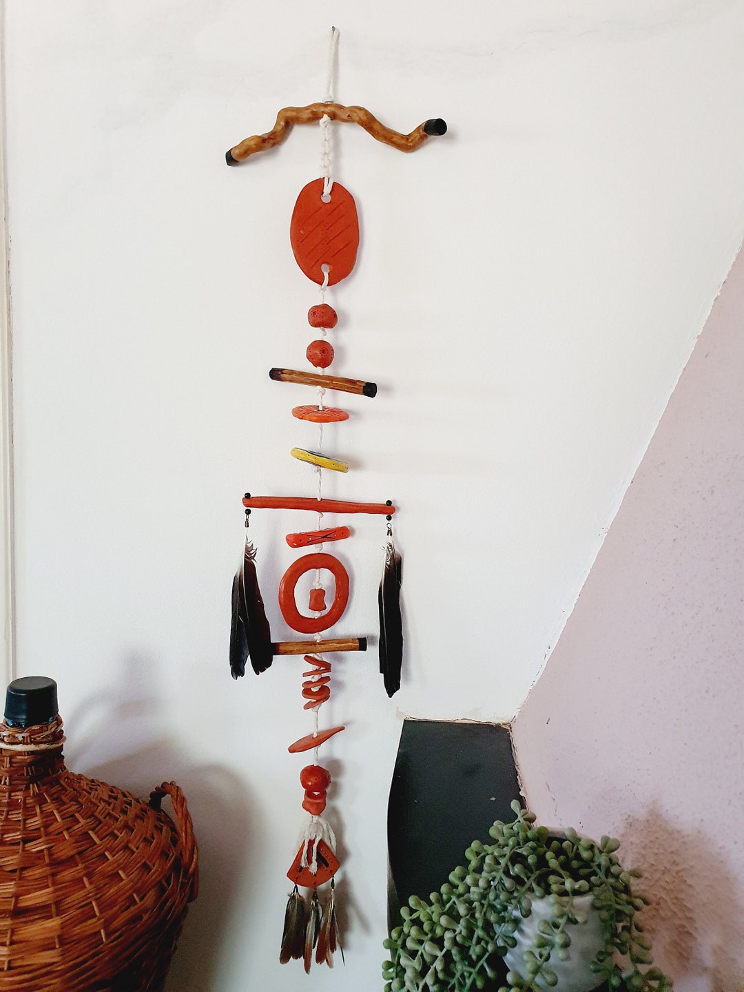 Wall Hanging Totem, Wood and Beads Clay Amulet, Boho Decor, Tribal ...