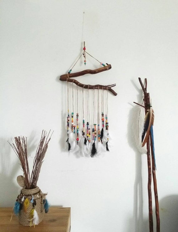 Boho Beaded Decor Gypsy Mobile With Beads and Feathers | Etsy