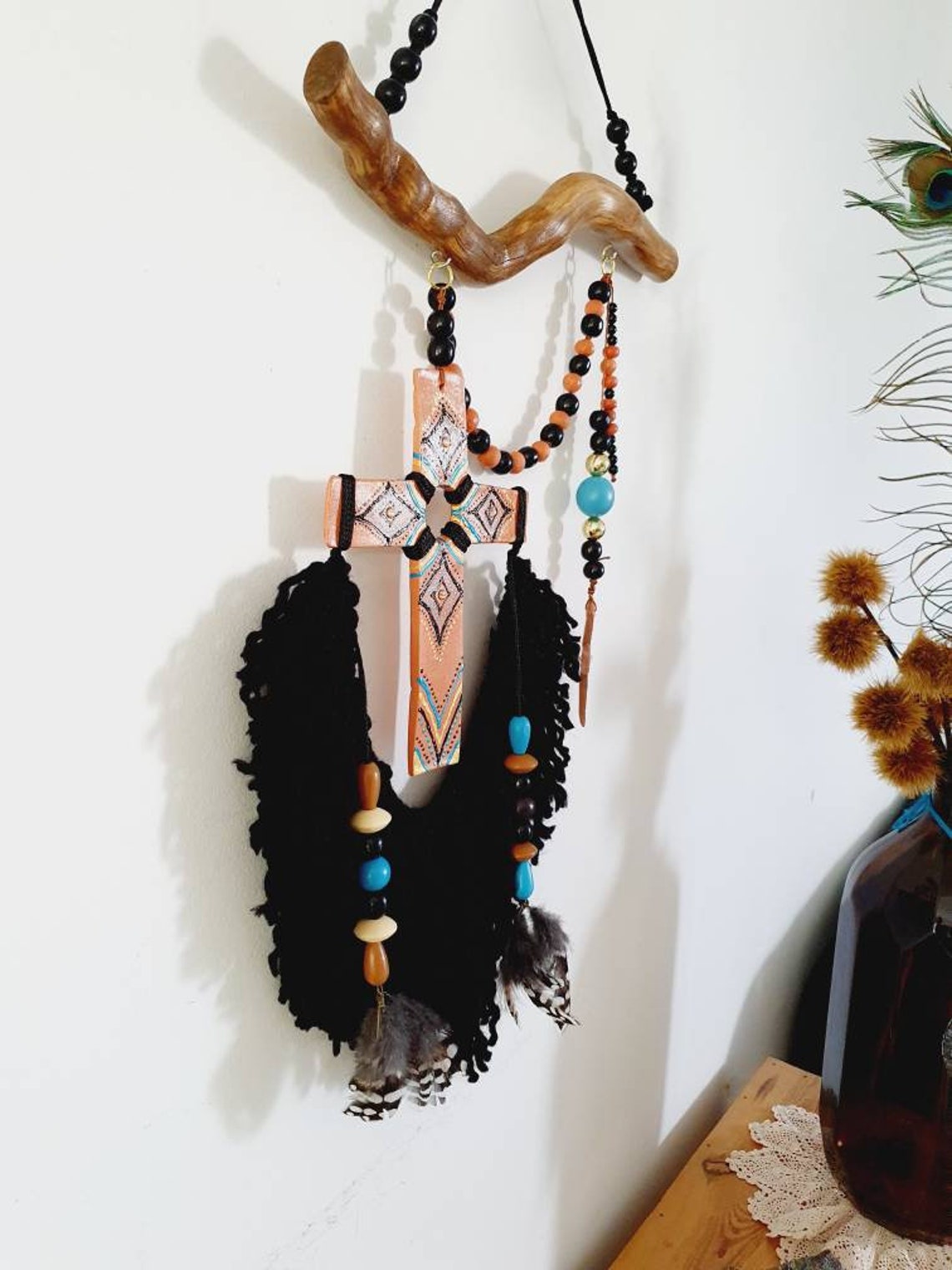 Bohemian decor Christian boho wall cross | Etsy