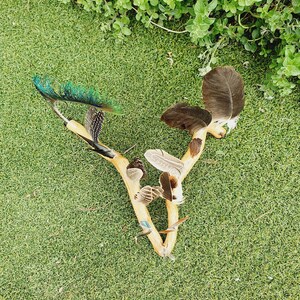 Boho Centerpiece, Feather Display, Natural Wood Stand Holder Natural ...