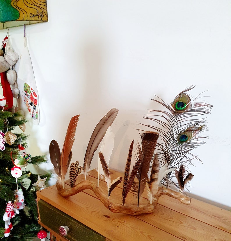 Boho Centerpiece Feather Display Natural Wood Stand Holder | Etsy