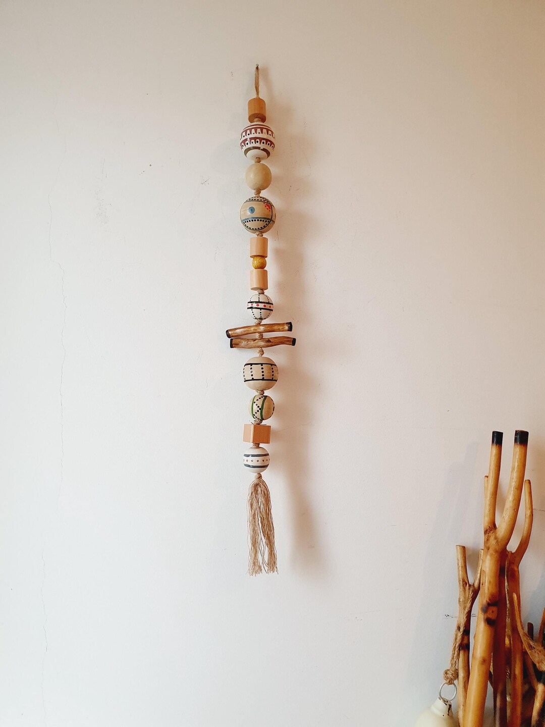 Wall Hanging Totem, Wood and Beads Ceramic Amulet, Tribal Style ...