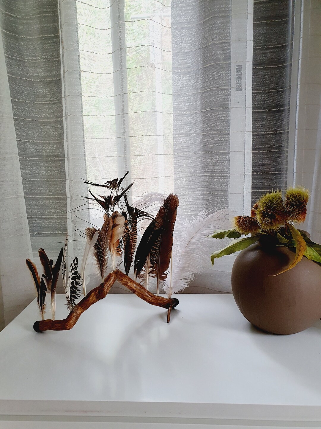 Boho Centerpiece Feather Display Natural Wood Stand Holder - Etsy