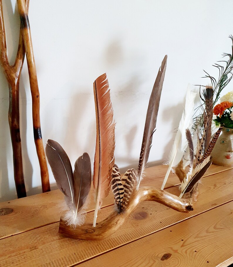 Boho Centerpiece Feather Display Natural Wood Stand Holder | Etsy