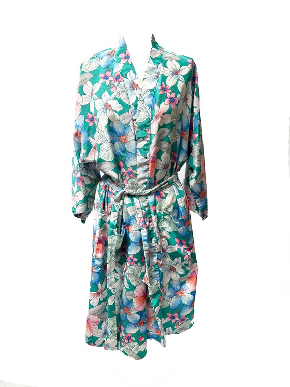 Mid Century Custom Slinky Tropical Floral Lounge Robe - Gem