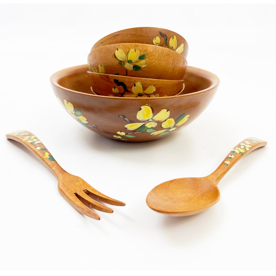 1960's Mid-century Wooden Dall-craft Floral Hand Painted Salad Bowl ...