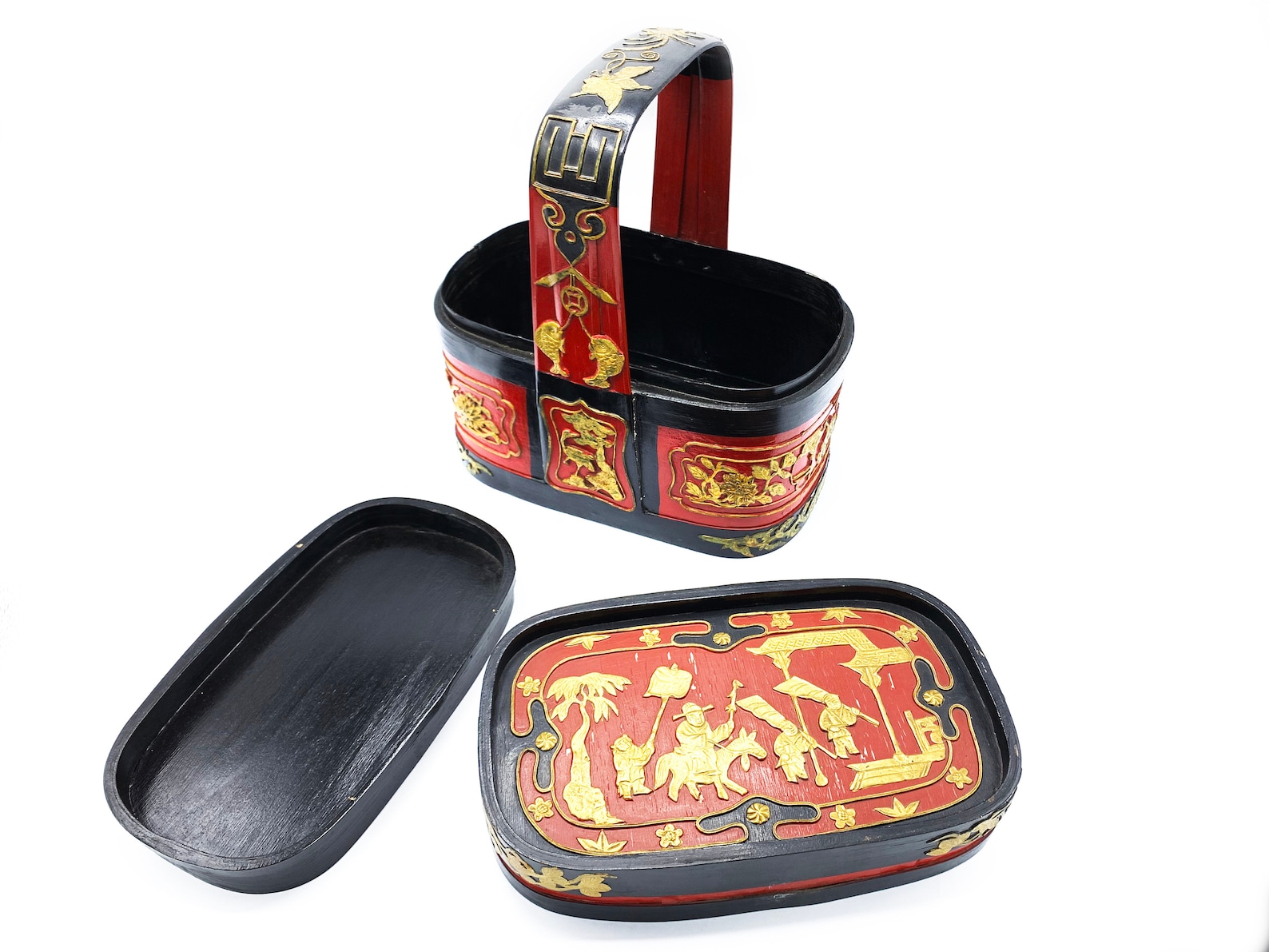 Antique Traditional Chinese Hand Crafted Red, Black, and Gold Lacquered ...
