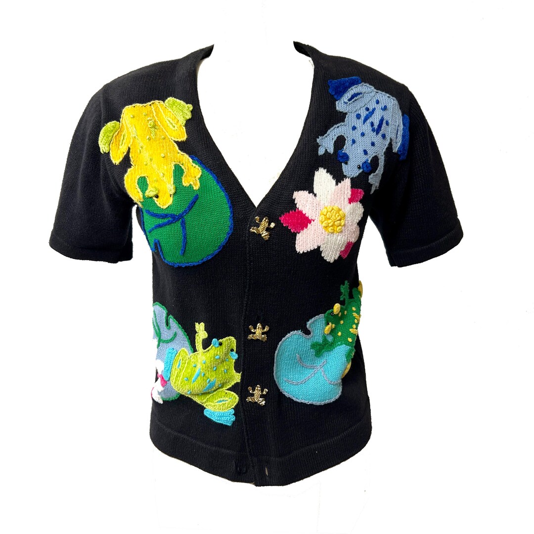 1990s Vintage Jack B. Quick Black Cardigan With Colorful Frog Sweater ...