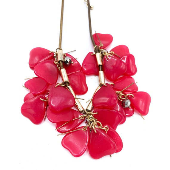 1990's Pink Heart Cluster Gold Statement Necklace - Gem