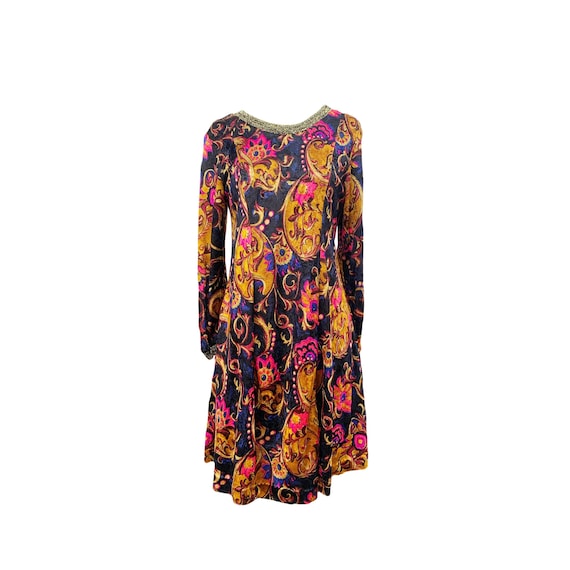 1970s Groovy Paisley Gem Tone Velvet Long Sleeve Dress - Gem