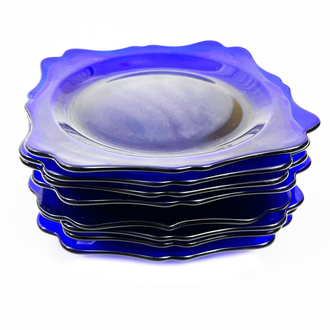 1930's New Martinsville Fancy Square Cobalt Blue Glass Dinner Plates 8 ...