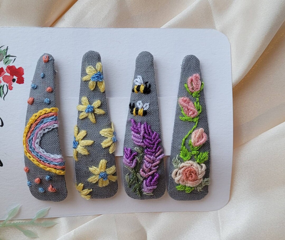 Hand Embroidered Hair Clip/ Vintage Style/ Lavender Slide/ Bees/ Daisy ...