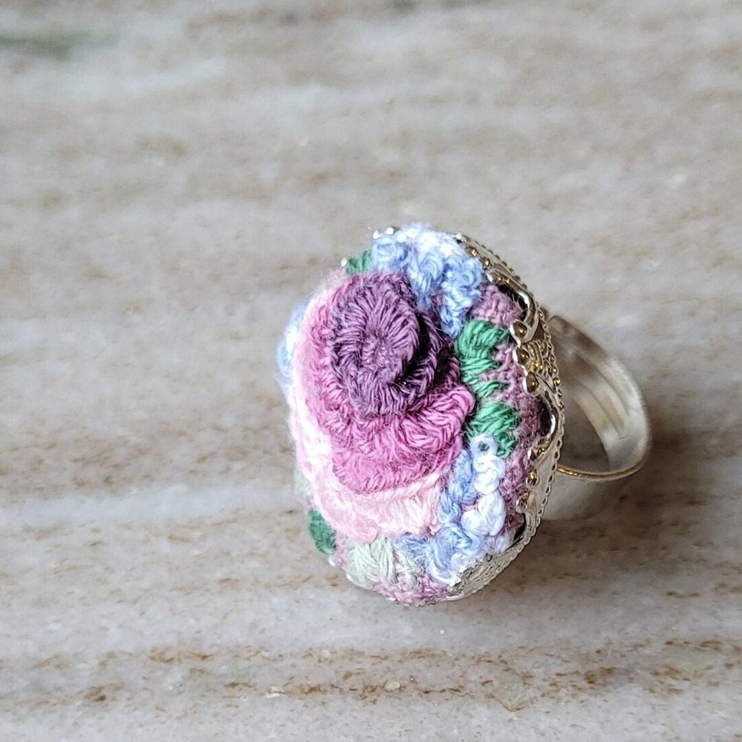 Hand Embroidered Adjustable Ring/ Roses Embroidered Ring/ Handmade ...