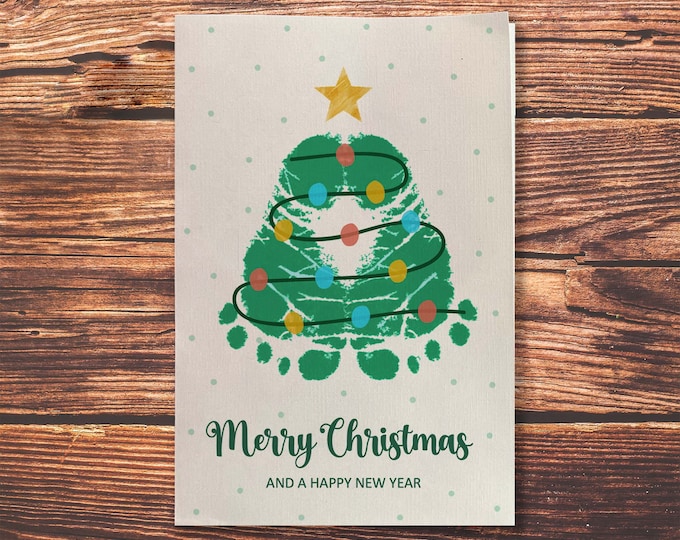 Merry Christmas Tree Footprint Greeting Card Craft Keepsake Gift ...
