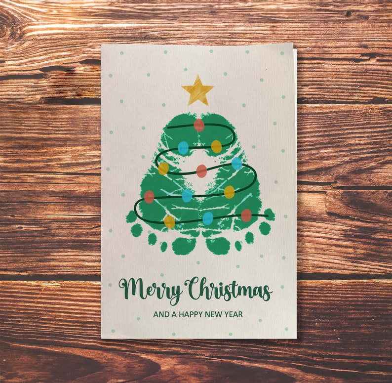 Merry Christmas Tree Footprint Greeting Card Craft Keepsake Gift ...