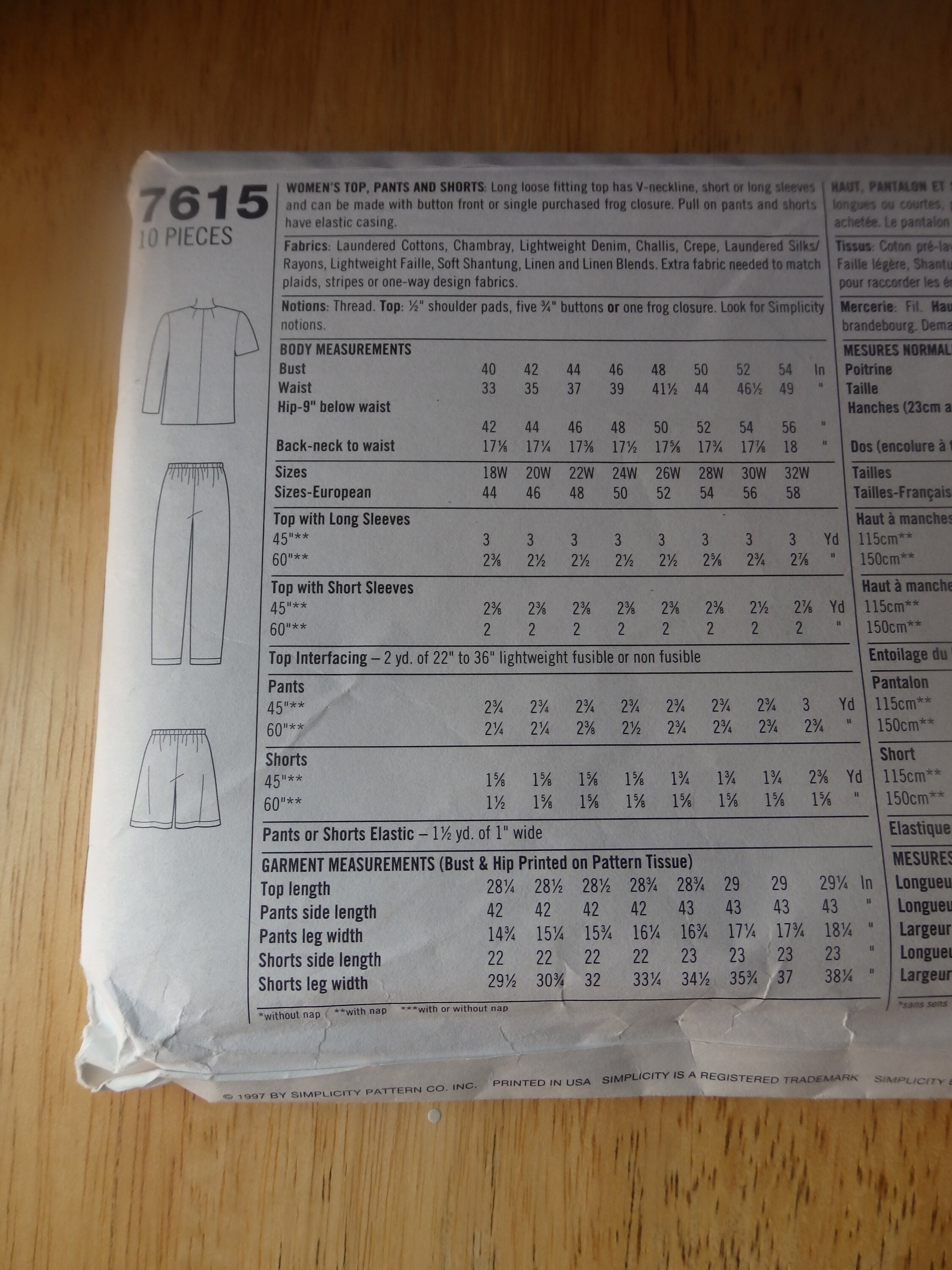 Vintage Simplicity Womens Tops Pants Shorts 7615 Sizes GG 26W-32W Uncut ...