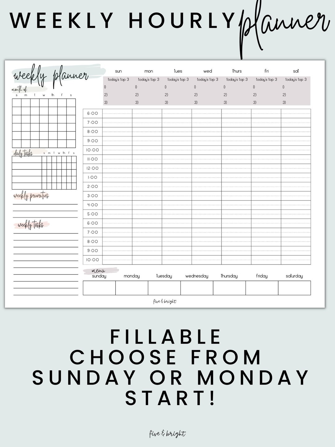 Printable Weekly Planner, Hourly Schedule Planner, Insert Set, Fillable ...