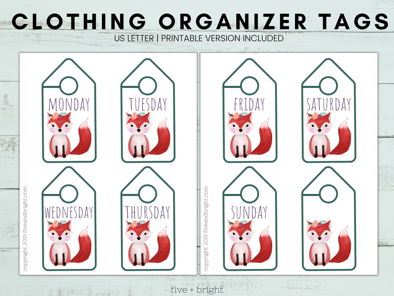 Printable Hanger Tag Organizers - Fox Themed Days of the Week Hanger ...