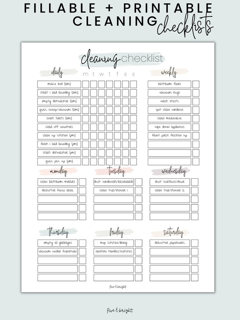 Cleaning Checklist Schedule, FILLABLE Cleaning Planner, Printable ...
