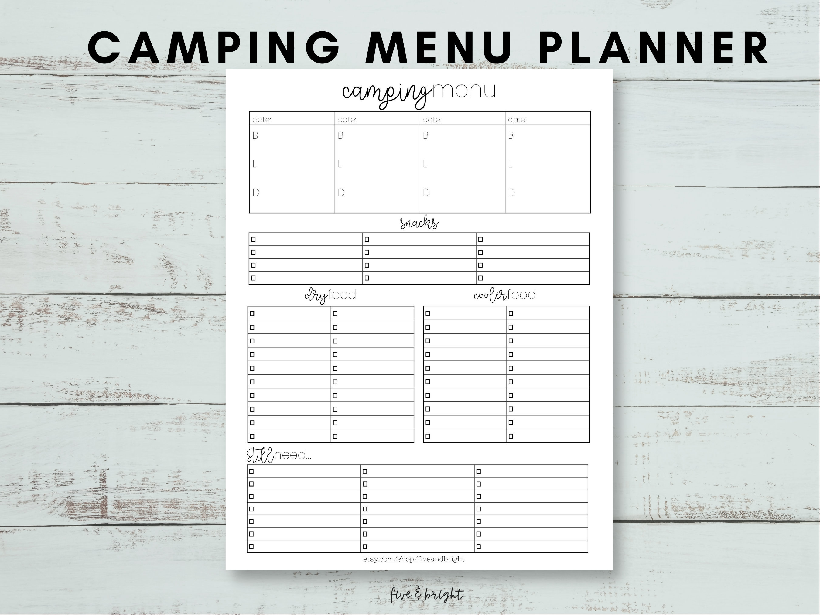 Printable + Fillable Camping Menu and Shopping List Template - Instant ...