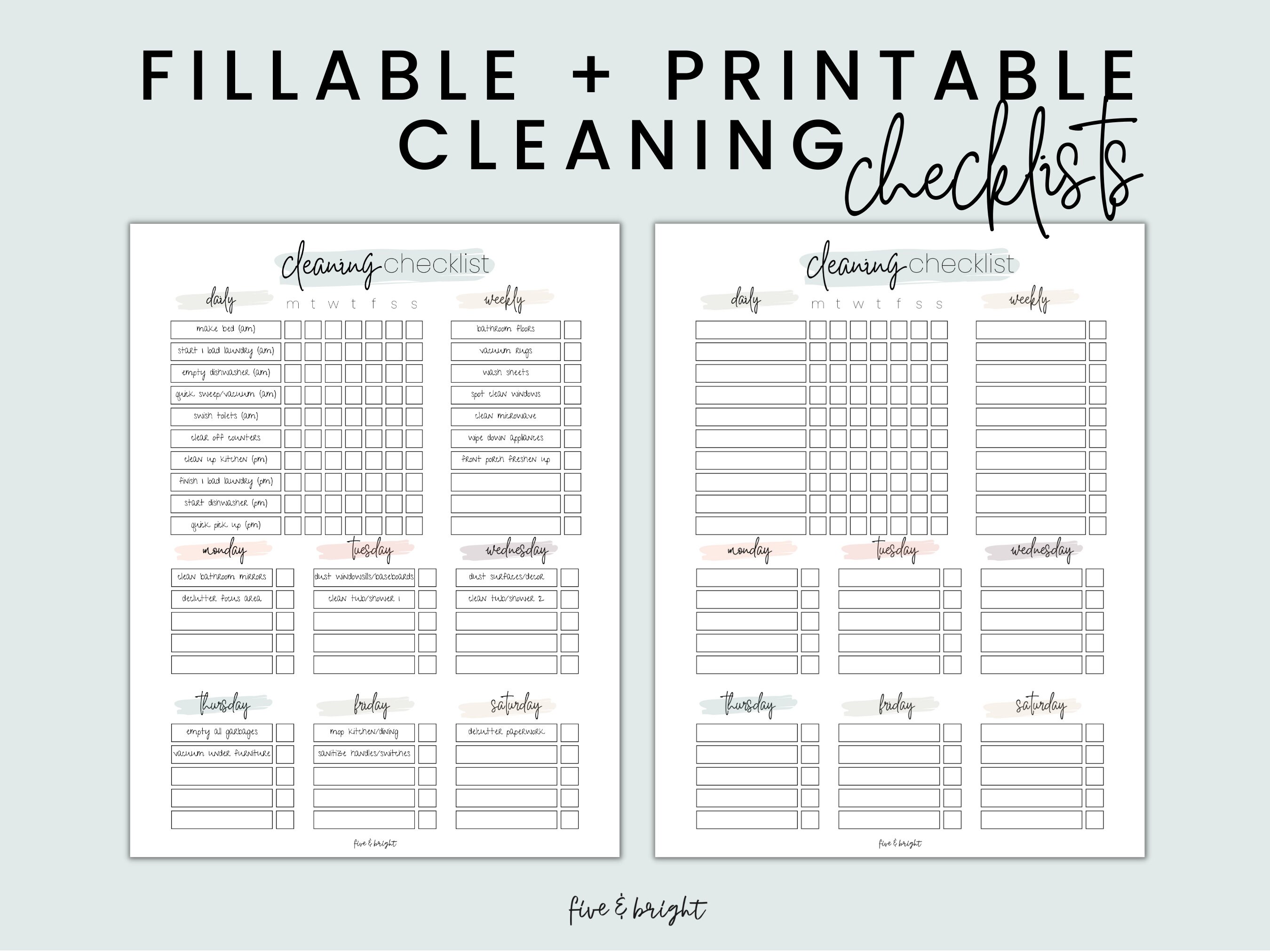 Cleaning Checklist Schedule, FILLABLE Cleaning Planner, Printable ...