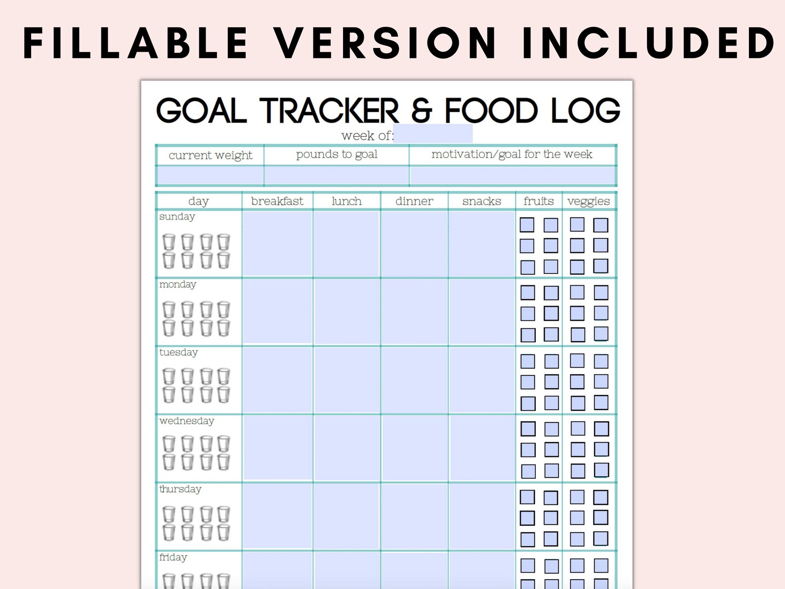 Food Tracker Water Tracker Food Log Food Journal Weekly - Etsy
