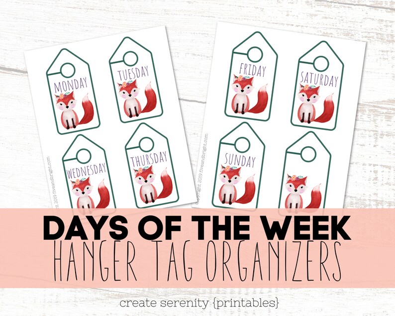 Printable Hanger Tag Organizers Fox Themed Days of the Week - Etsy